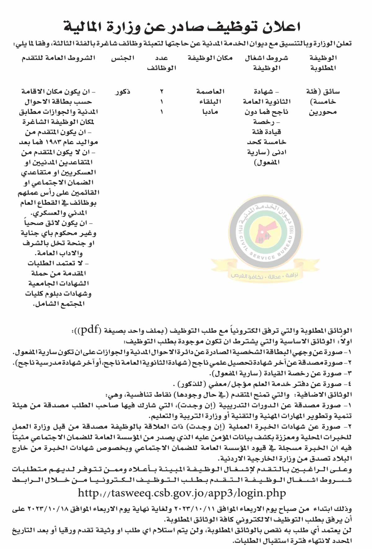 اعلان وظائف شاغرة بالفئة الثالثة صادرعن وزارة المالية مطلوب سائقين