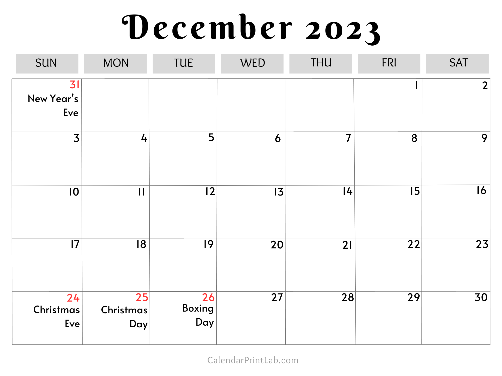 December 2023 Calendar Printable