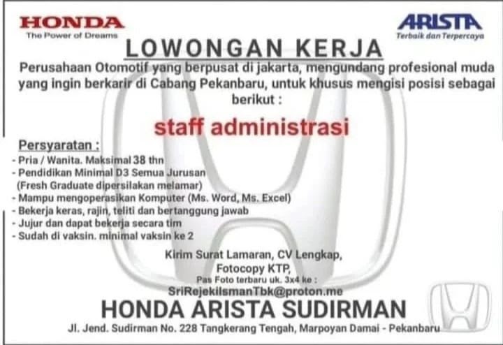 Lowongan Kerja Staff Administrasi Di Honda Arista Sudirman Pekanbaru