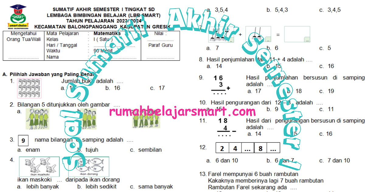 Download Soal Sumatif Akhir Semester 1 Kelas 1 Lengkap Rumah Belajar