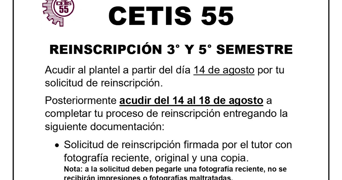 Cetis55 Reinscripcion 3° Y 5° Semestre Para Estudiantes Del Turno