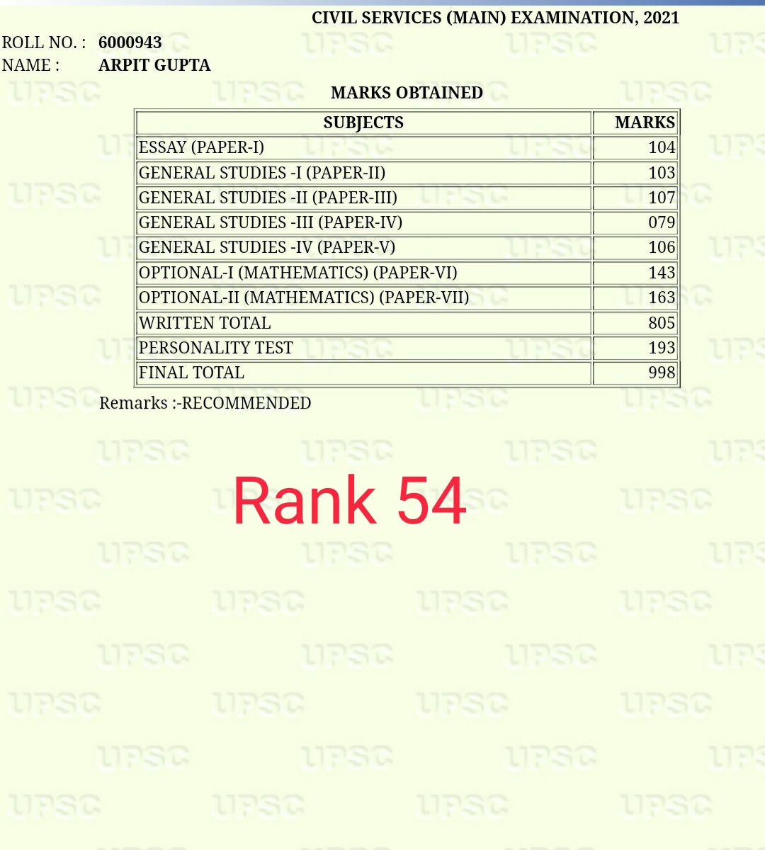 Upsc 2021 Marksheet Get Upsc Topper Marksheet Number Hot Sex Picture