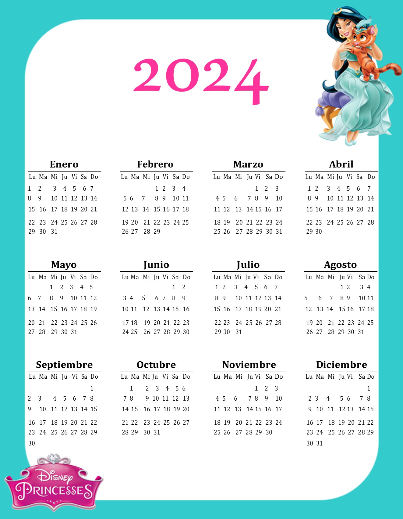 Kits Imprimibles Gratis Calendario 2024 De Princesa Jasmine