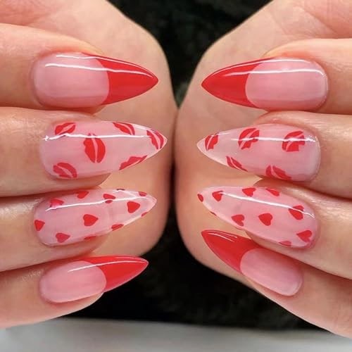 Valentines Day Press On Nails With Heart Design In Long Full Cover