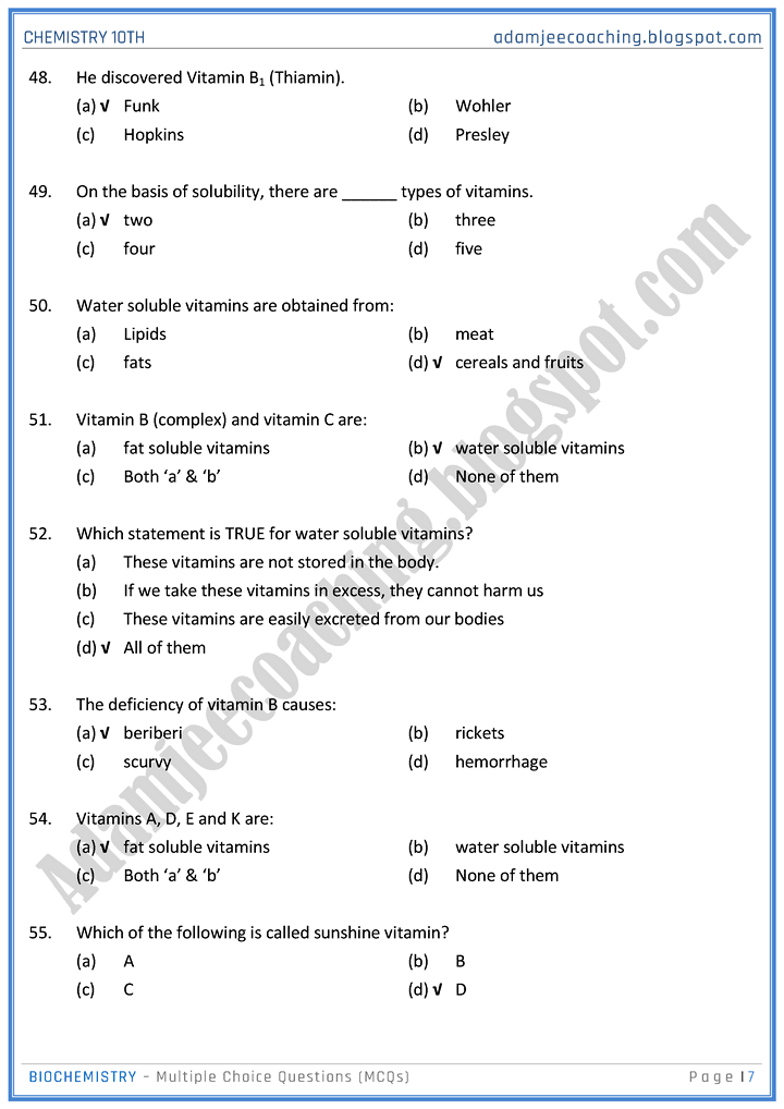 Adamjee Coaching Biochemistry Mcqs Chemistry 10th