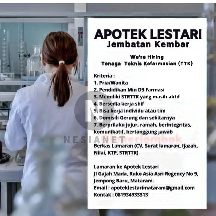 Lowongan Kerja Tenaga Teknis Kefarmasian Di Apotek Lestari Jembatan