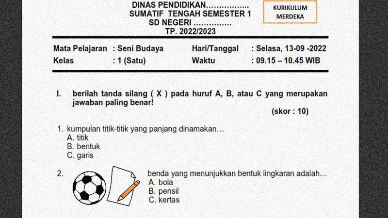 Soal Sumatif Tengah Semester 1 Kelas 1 Mapel Seni Budaya Dan Kunci