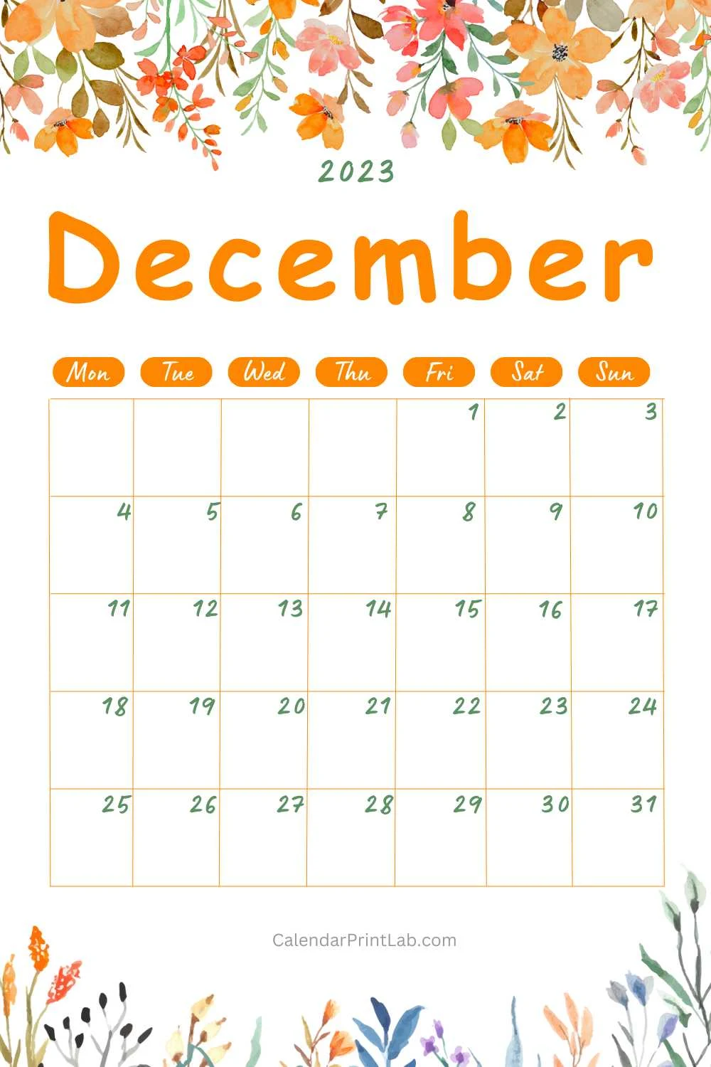 December 2023 Floral Calendar Printable Free Download