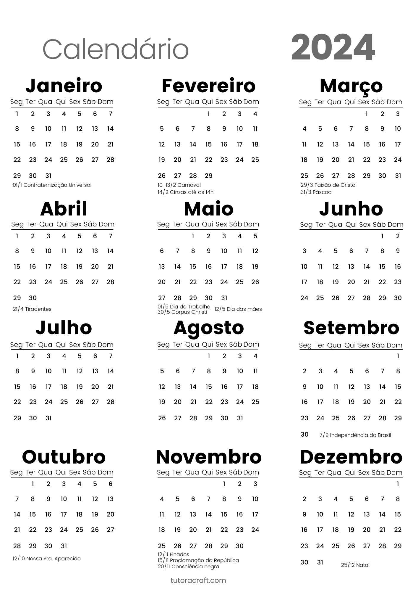 Calendário 2024 Minimalista Para Imprimir