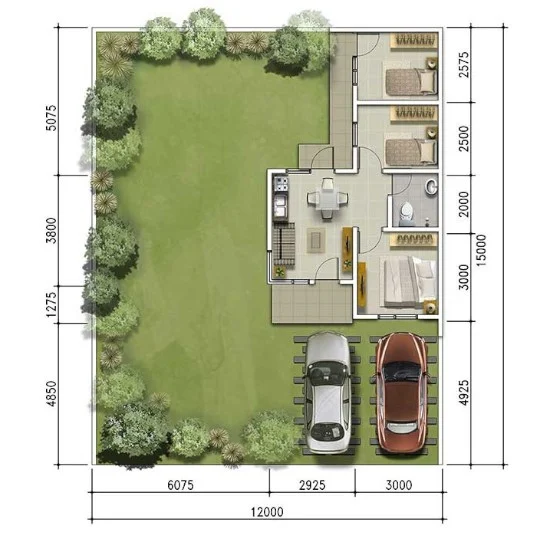 Lingkar Warna Denah Rumah Minimalis Ukuran 12x15 Meter 3 Kamar Tidur 1