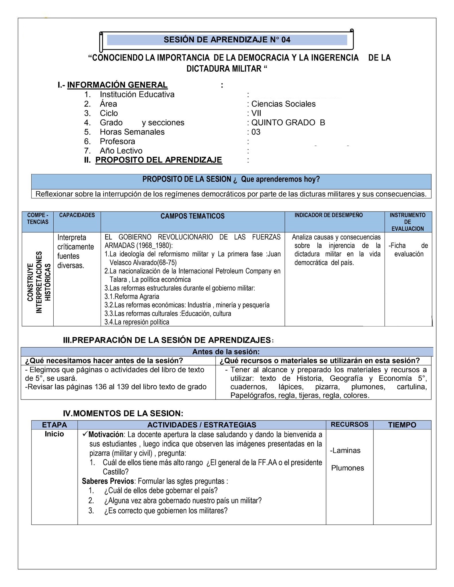 Sesión De Aprendizaje Secundaria ~ Ministerio De Educación Del Perú