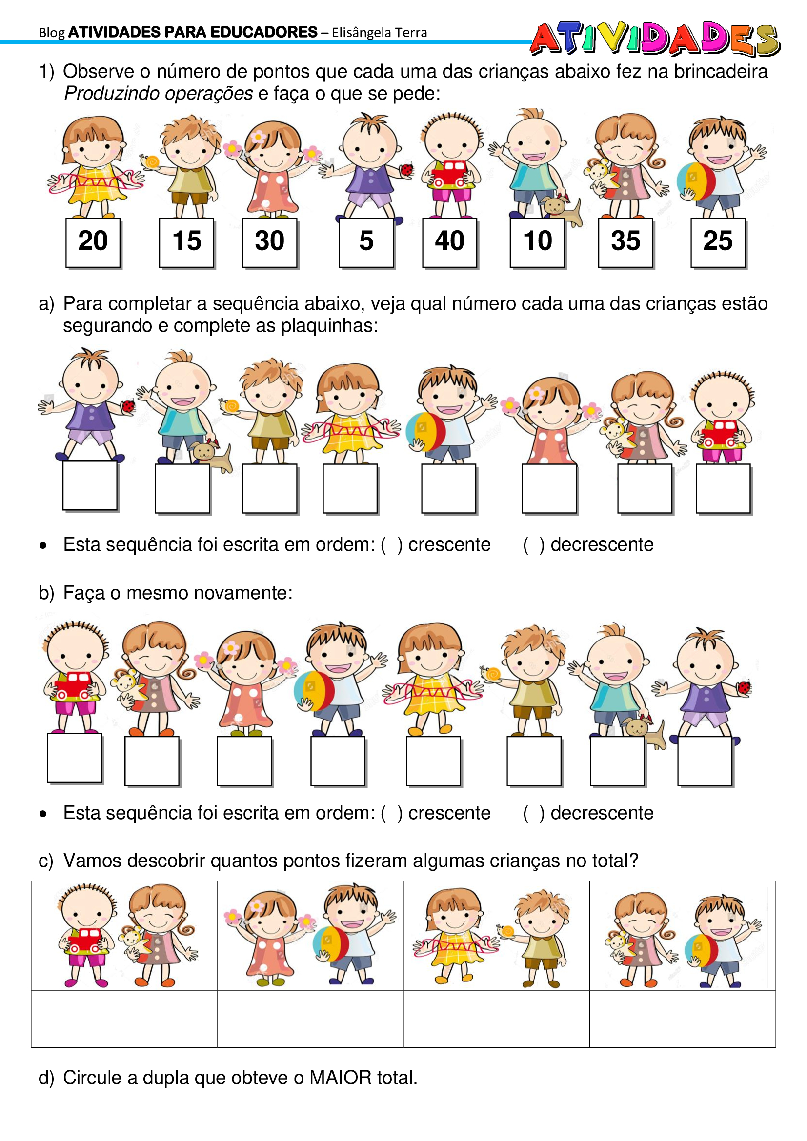 Atividades Para Educadores Ordem Crescente E Ordem Decrescente