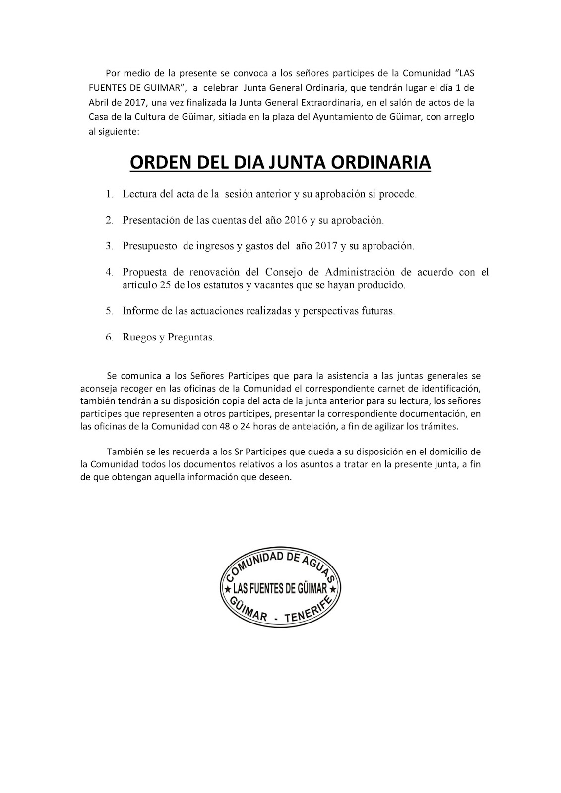 Comunidad Las Fuentes De Guimar Orden Del Día Junta Extraordinaria Y