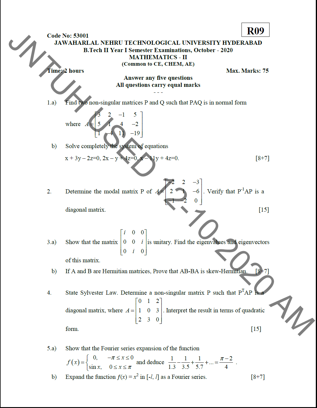 Jntuh Btech Mathematics Ii October 2020 Question Paper University