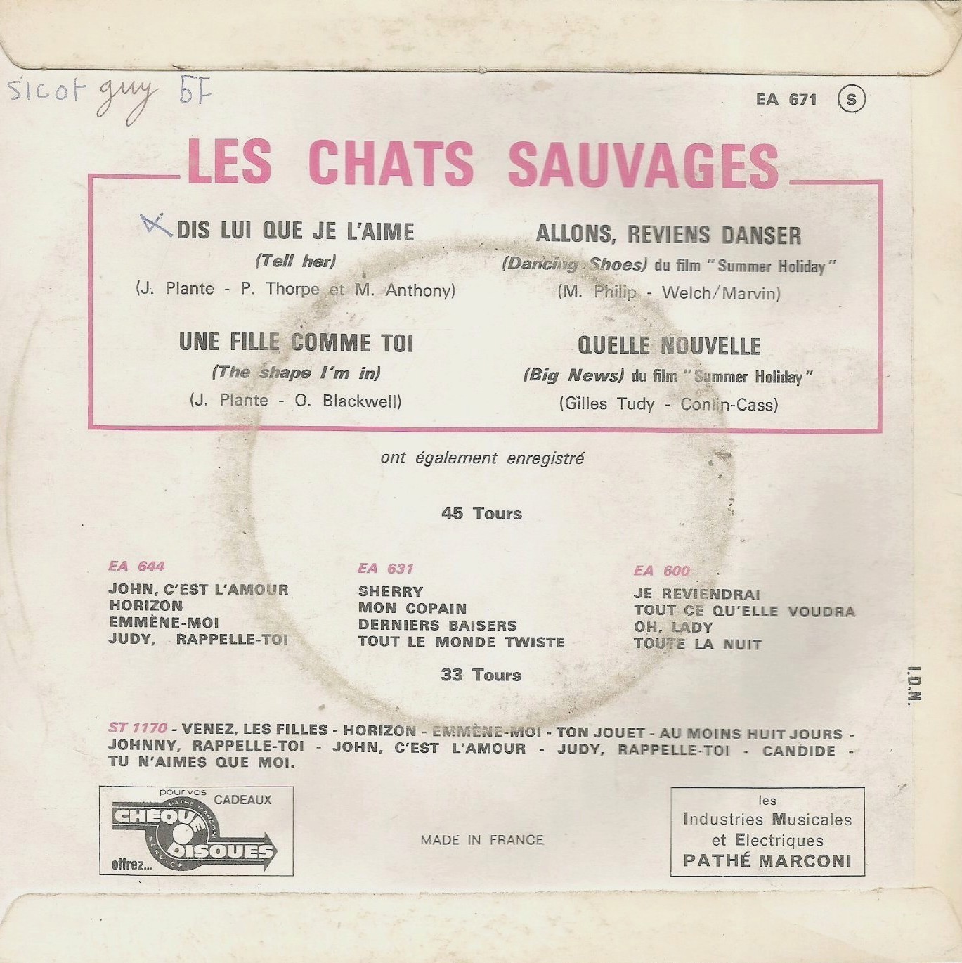 Les Eps Français Chats Sauvages 1962 Fr Pathe 671 Dis Lui Que Je