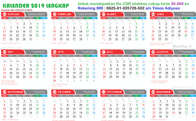 Kalender 2019 Coreldraw Editabel Legkap Jawa Hijriyah Dan Libur