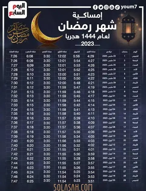 إمساكية شهر رمضان 1444هـ 2023م موعد الإفطار والسحور وعدد ساعات الصيام