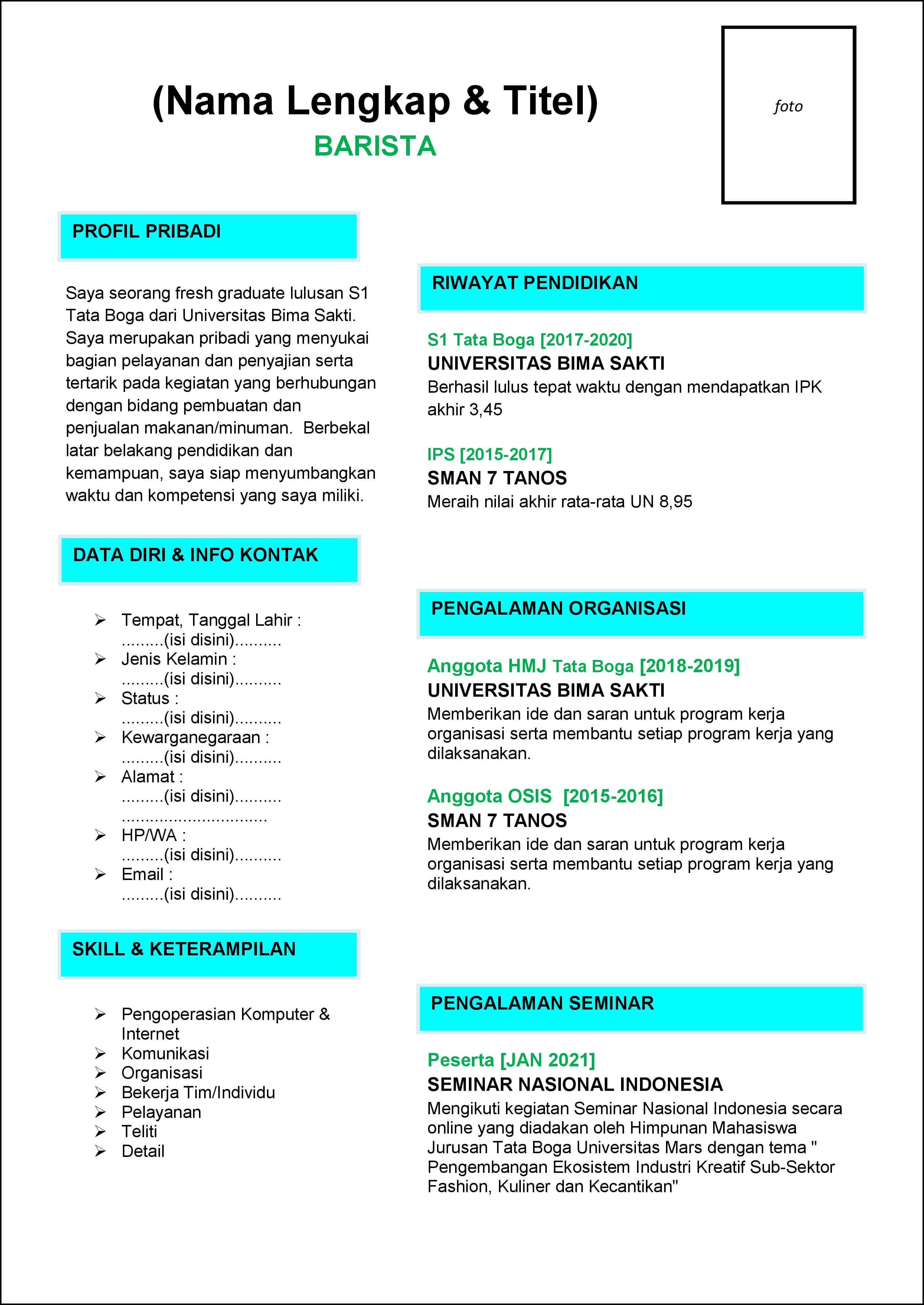 Contoh Curriculum Vitae Cv Barista Fresh Graduate Tanpakoma