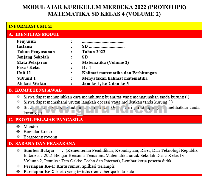 Modul Ajar Kurikulum Merdeka Matematika Kelas 4 Semester Genap Modul