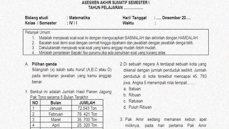 Soal Sumatif Akhir Semester 1 Kelas 4 Mapel Matematika Sekolahdasarnet