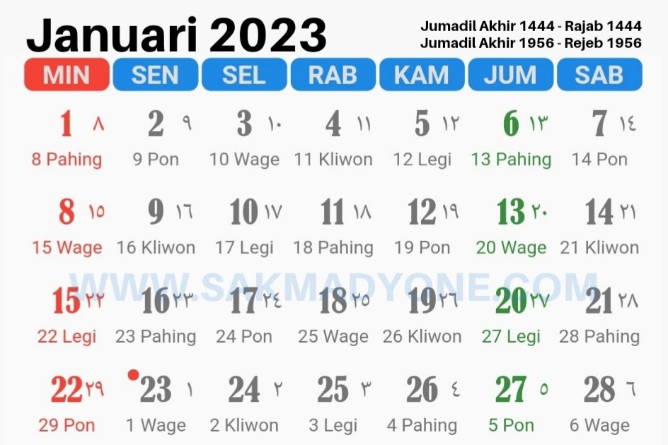 Kalender Jawa Januari 2023 Lengkap Dengan Weton