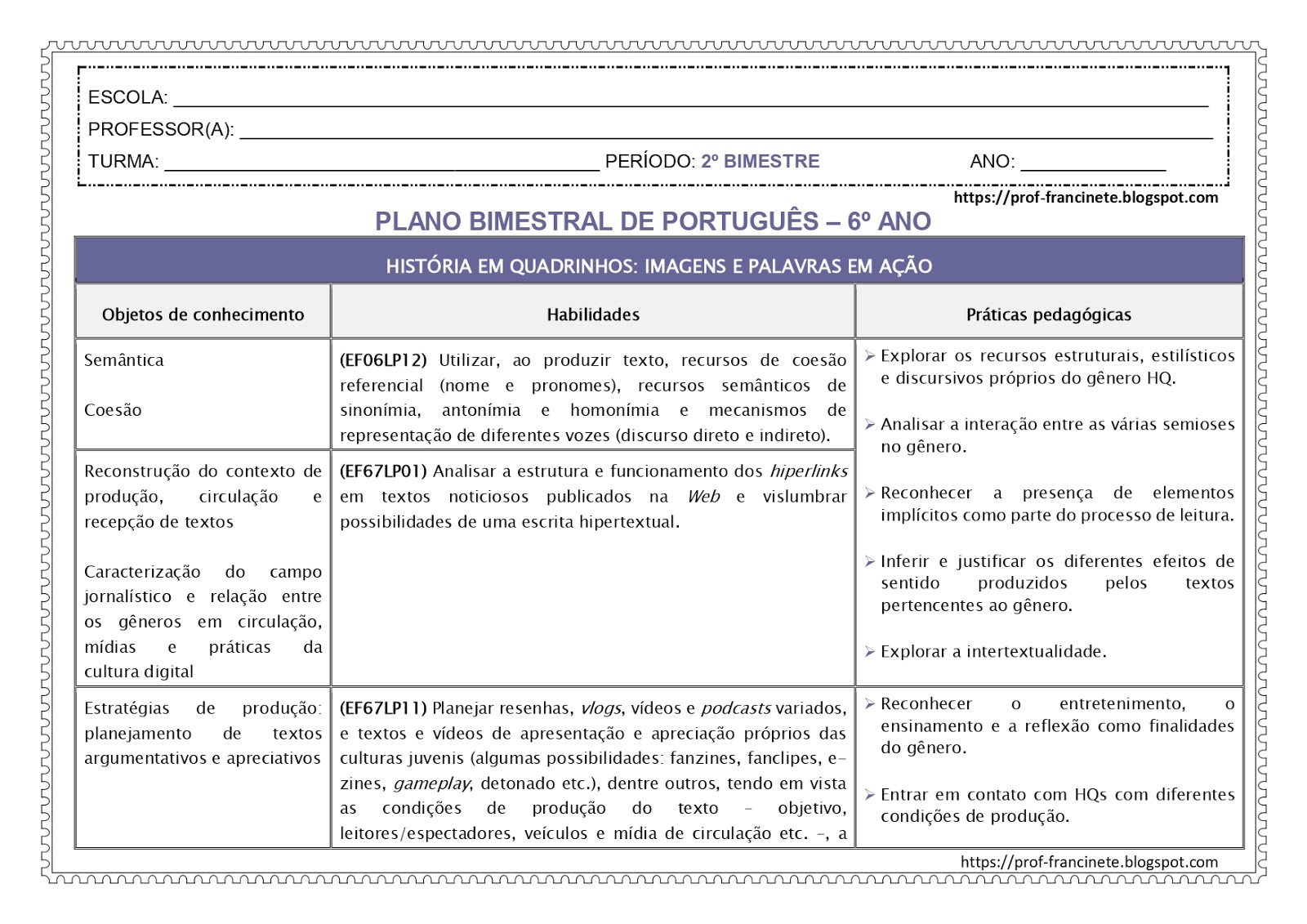 Blog Da Profa Francinete Plano De Português Alinhado à Bncc 6º Ano