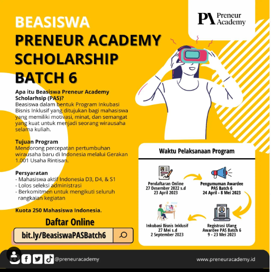 Dibuka Pendaftaran Beasiswa Preneur Academy Scholarship Pas Batch 6