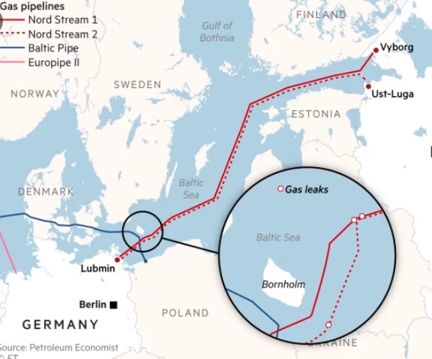 Map Of Nord Stream Gas Pipeline Explosion Underwater From Russia To