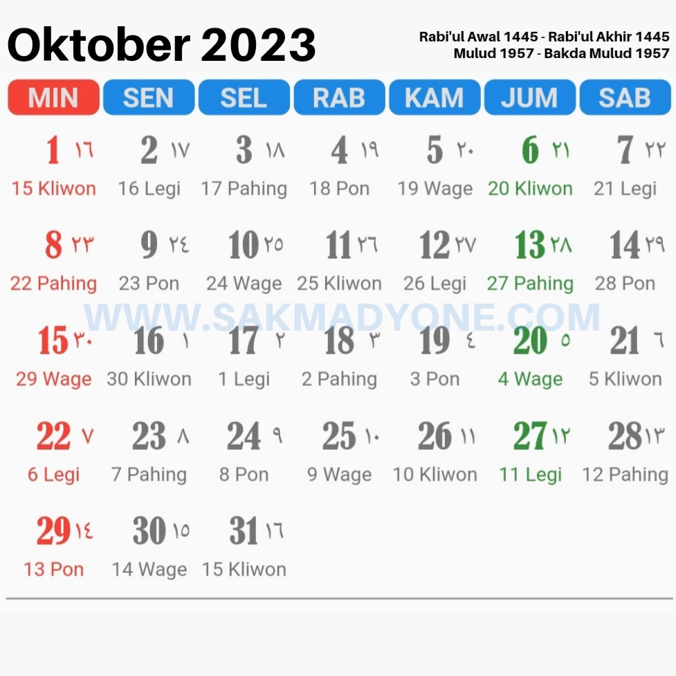 Kalender Jawa Oktober 2023 Lengkap Dengan Weton