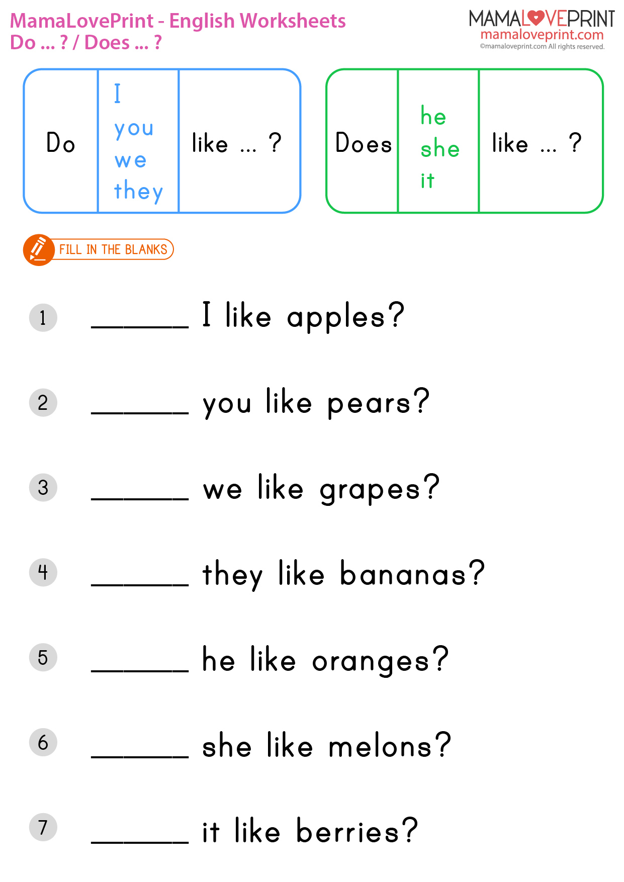 Mamaloveprint Grade 1 English Worksheets Basic Grammar Do Does