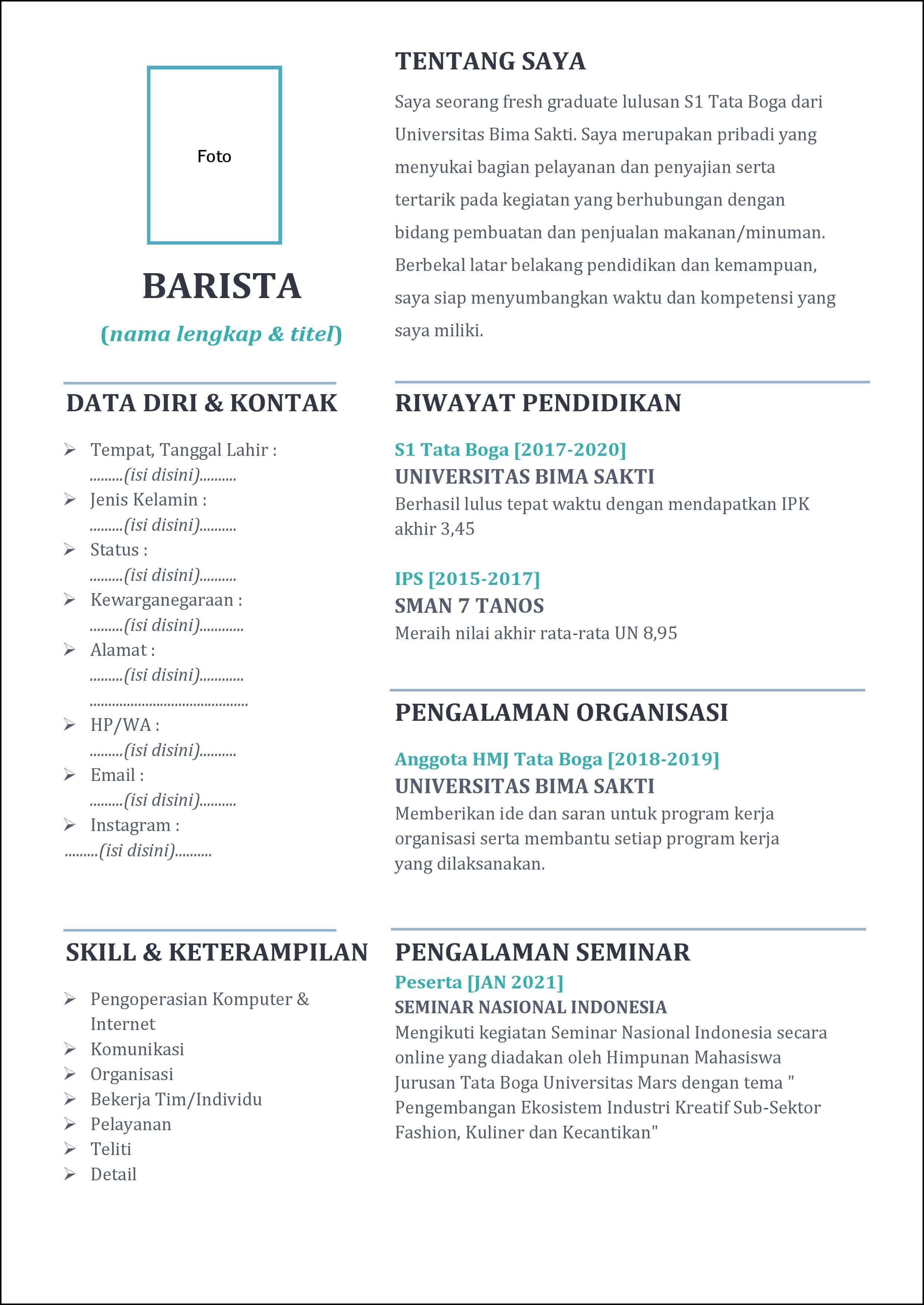 Contoh Curriculum Vitae Cv Barista Fresh Graduate Tanpakoma