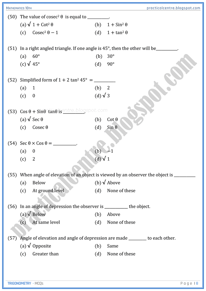 Trigonometry Mcqs Mathematics 10th Practical Centre