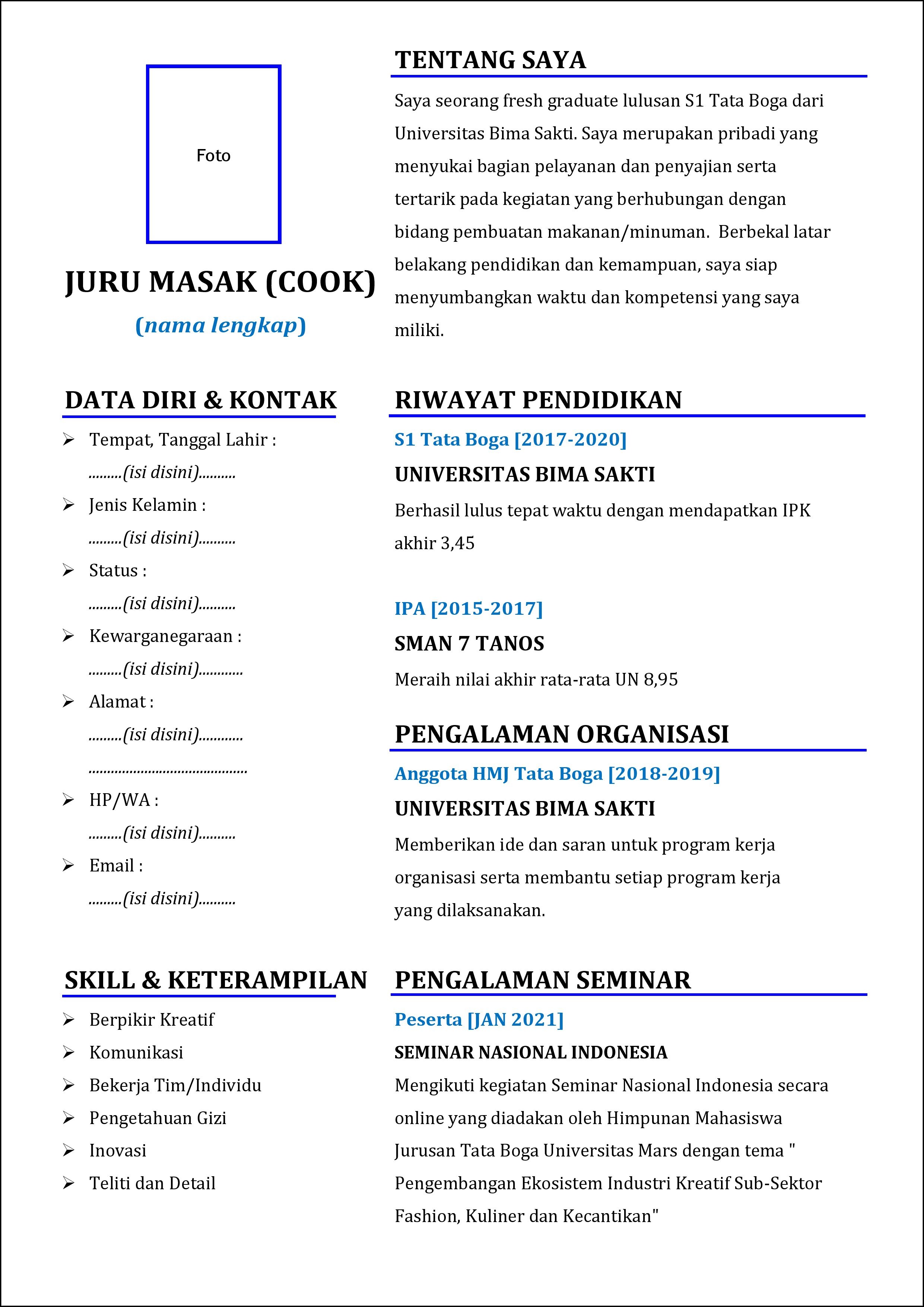 Contoh Curriculum Vitae Cv Juru Masak Cook Untuk Fresh Graduate