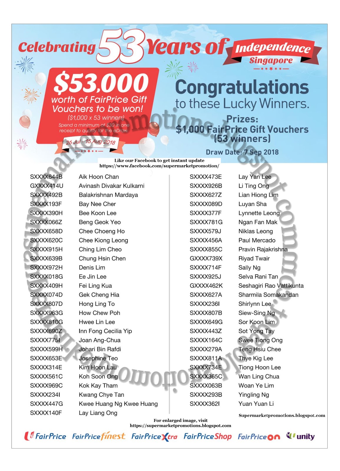 Ntuc Fairprice National Day Lucky Draw Winners 20 September 2018