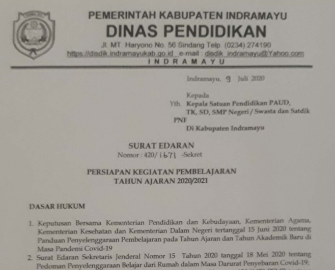 √ Surat Edaran Persiapan Kegiatan Pembelajaran Tahun Ajaran 20202021