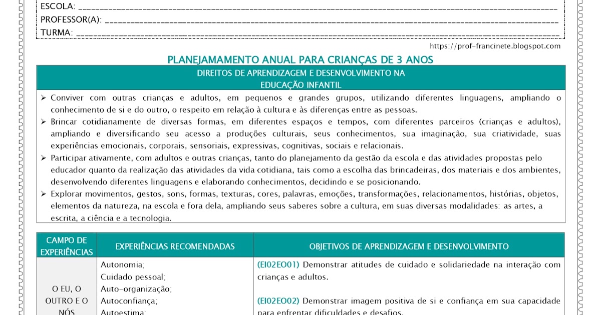 Blog Da Profa Francinete Plano Anual Para Crianças De 3 Anos Alinhado