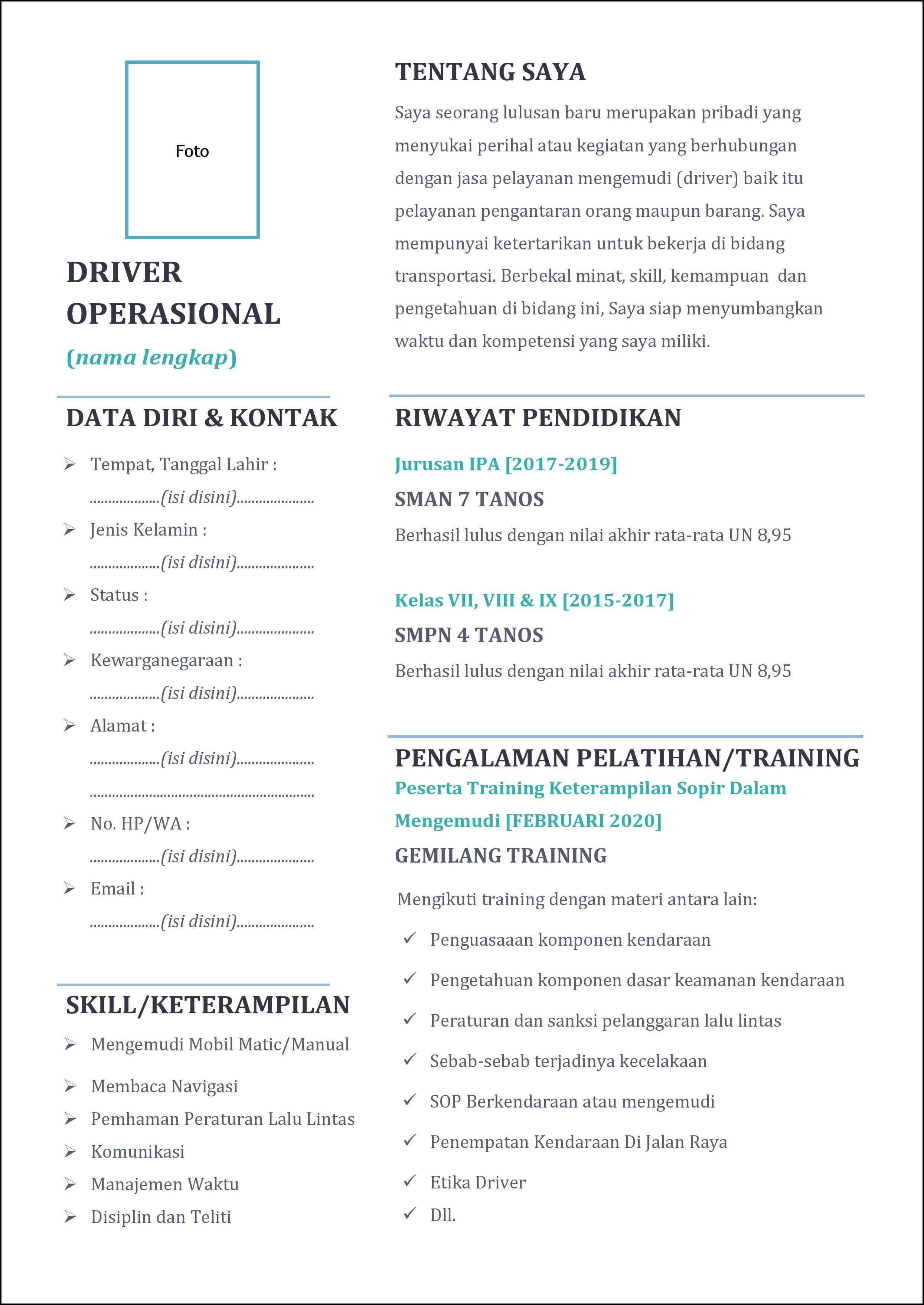 Contoh Cv Driver Operasional Lulusan Smasmksederajat Fresh Graduate