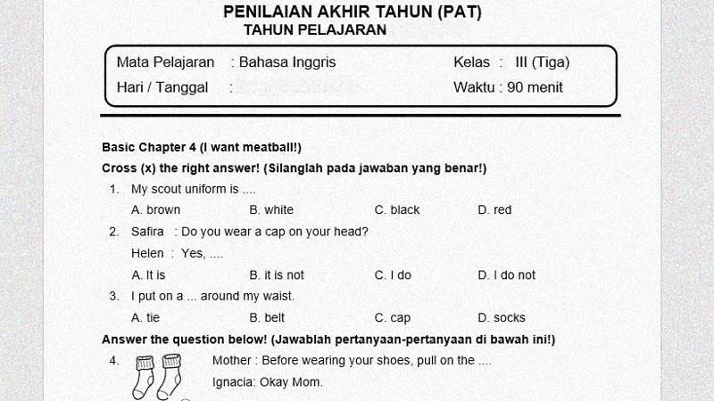 Soal Pat Bahasa Inggris Kelas 3 Dan Kunci Jawabannya