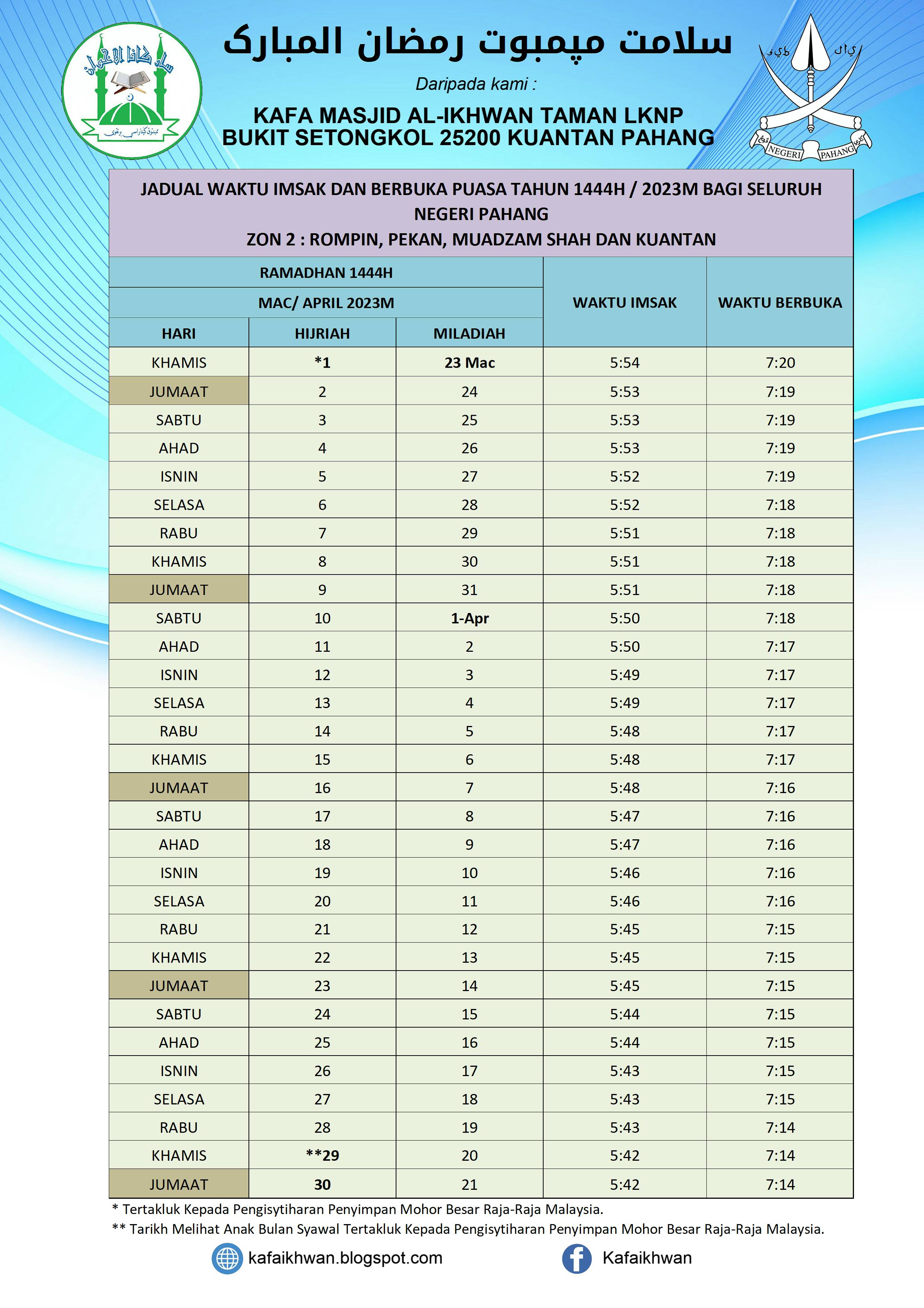 Jadual Waktu Berbuka Puasa Dan Imsak Negeri Pahang Tahun 2023 1444h