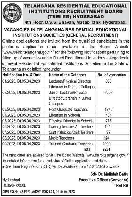 Telangana Gurukul Recruitment 2023 Notification 05th April 2023