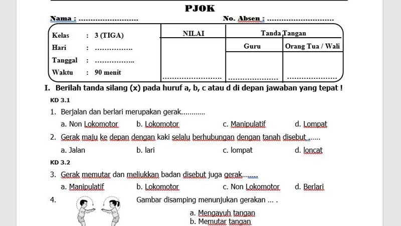 Soal Penilaian Akhir Semester 1 Kelas 3 Pjok Dan Kunci Jawabannya