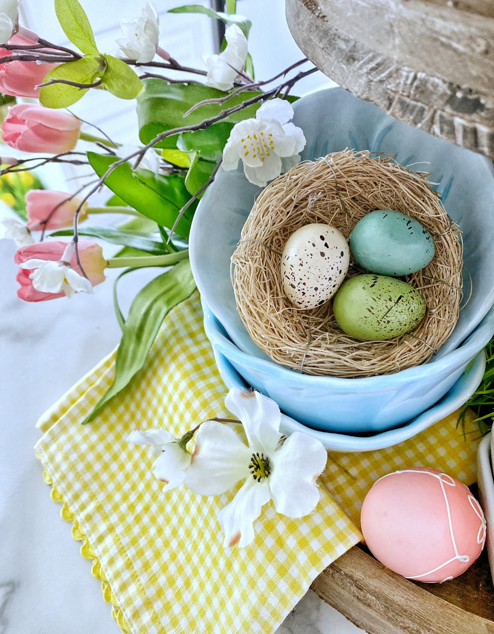 Dining Delight Easter Tiered Tray In Pastels And Gingham