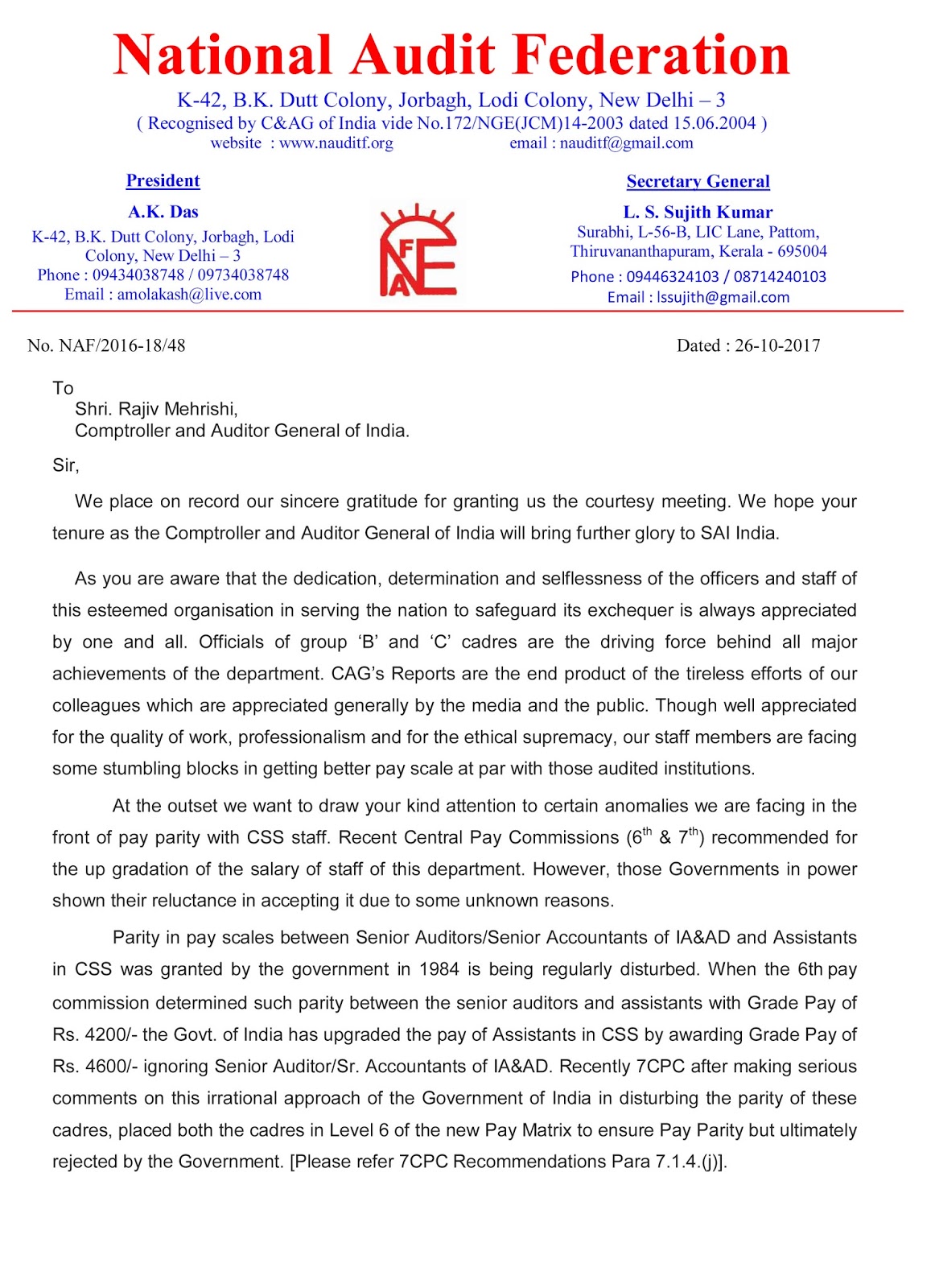 National Audit Federation Letter No48 Submitted To Cag Of India