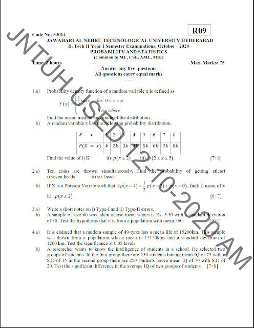 Jntuh Btech Probability And Statistics October 2020 Question Paper