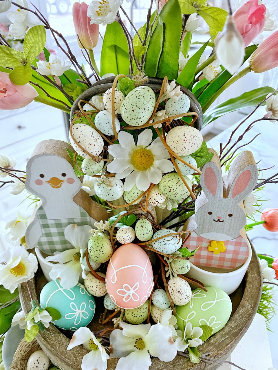 Dining Delight Easter Tiered Tray In Pastels And Gingham