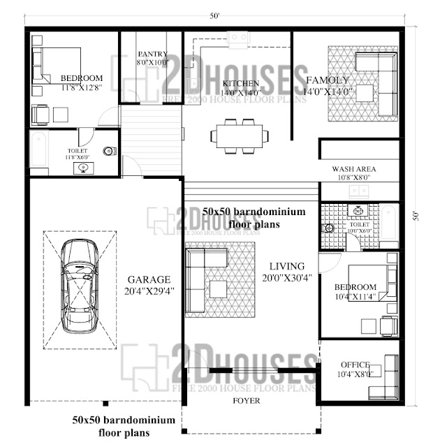 50x50 Barndominium Floor Plans Map Concept Drawing