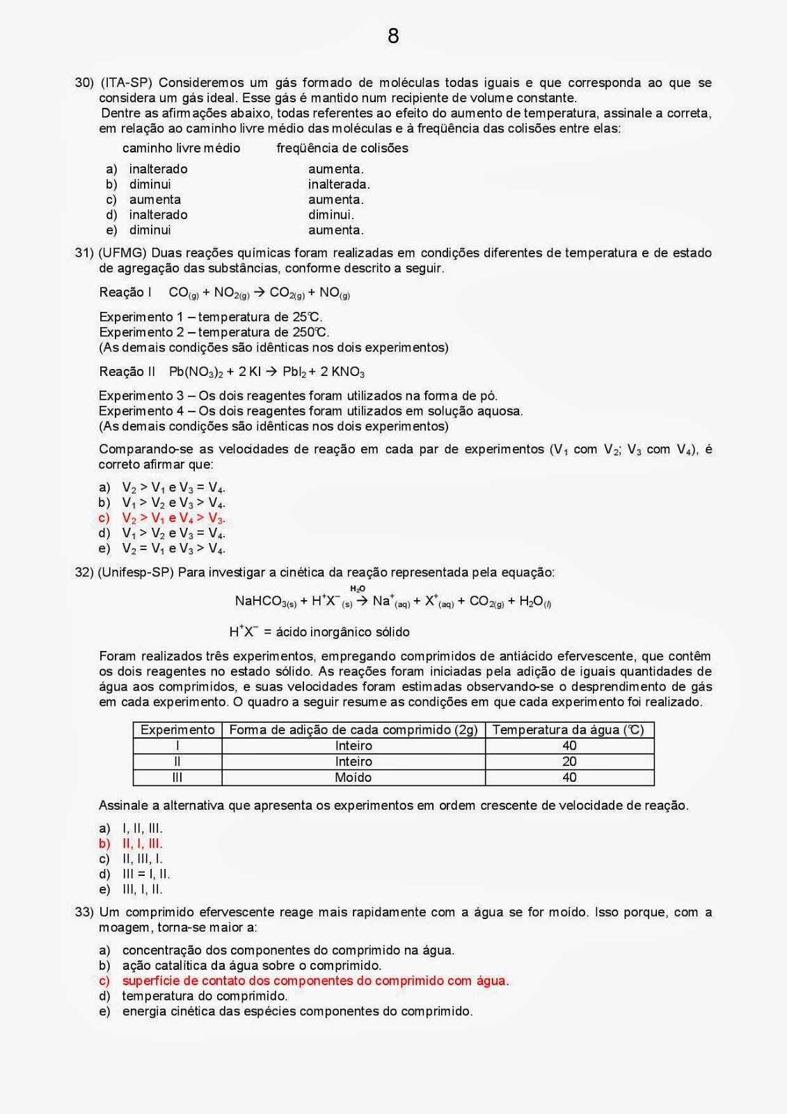 CinÉtica ReaÇÃo QuÍmica 104 ExercÍcios Com Gabarito Respostas