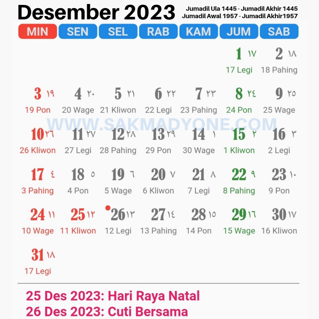 Kalender 2023 Desember Lengkap Dengan Tanggal Merah Cuti Bersama Jawa