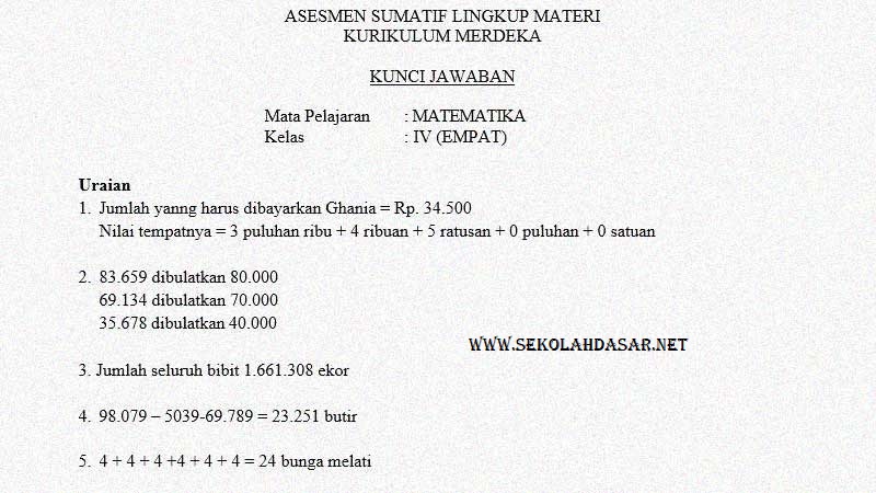 Soal Asesmen Sumatif Kelas 4 Mapel Matematika Tutorialkitanet