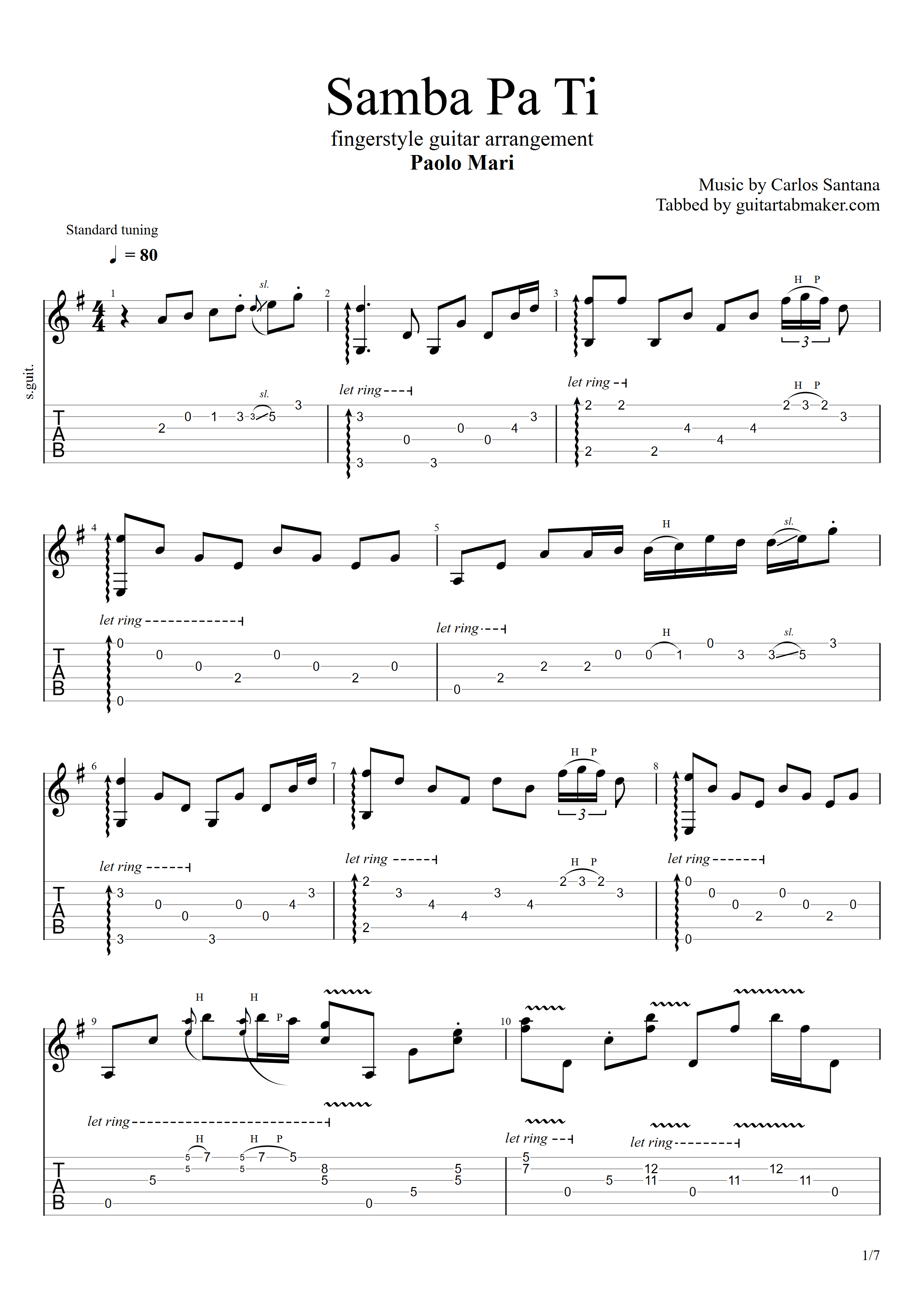 Samba Pa Ti Fingerstyle Tab